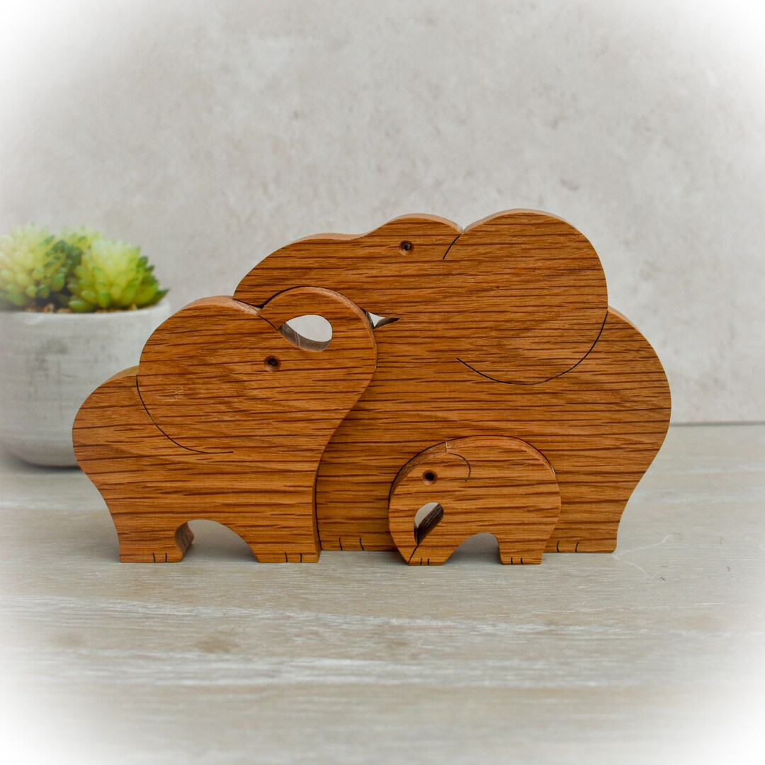 Handcrafted Oak Wood Elephant Family of 3: Scroll Saw Cut With a ...