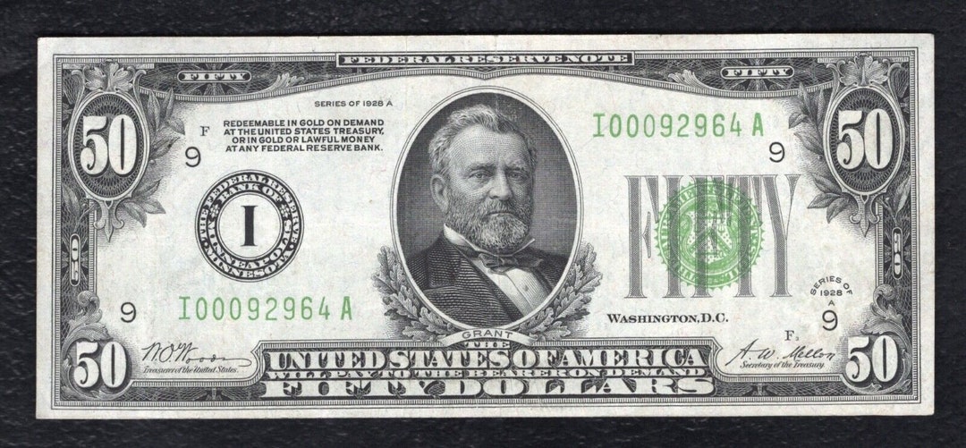 1928 US 50 Dollar Bill Federal Reserve Note Money Vintage Currency W ...