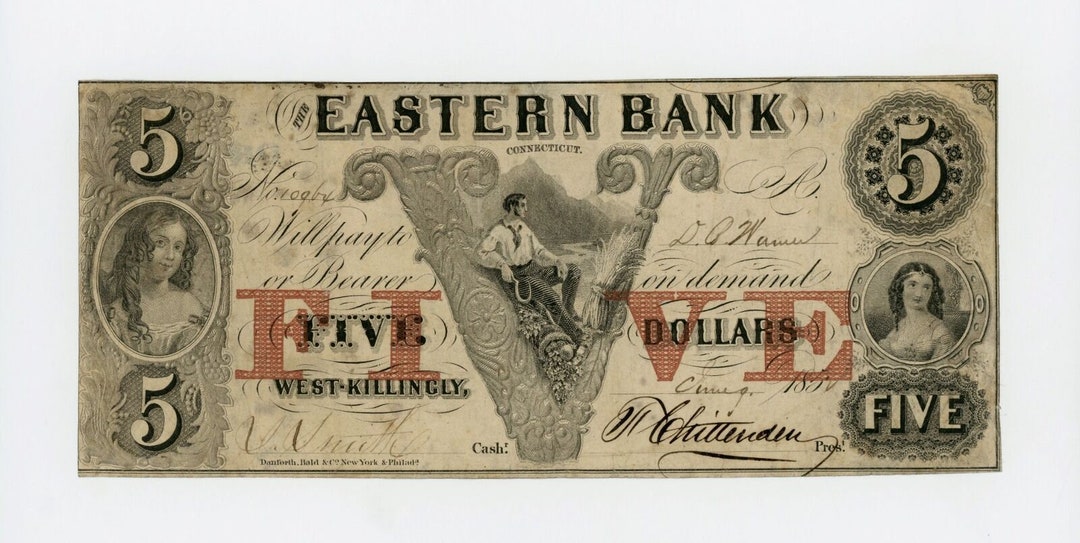 1850s 5 Dollar Connecticut Bank Note Antique Currency Money - Etsy