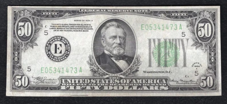 1934 50 Dollar Federal Reserve Note Money Currency W/ US Grant - Etsy
