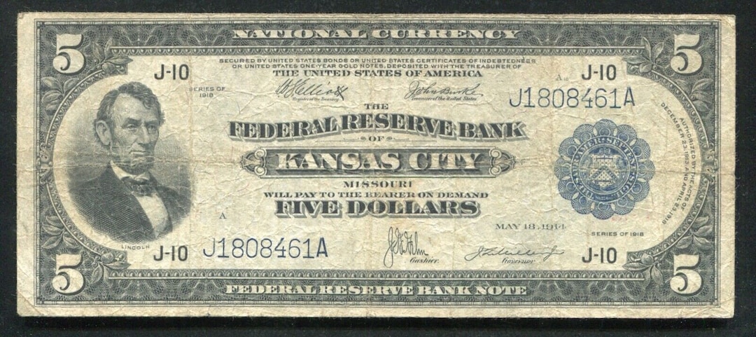 WW1 WWI 1918 US Five Dollar Federal Reserve Bank Note Money Currency W ...