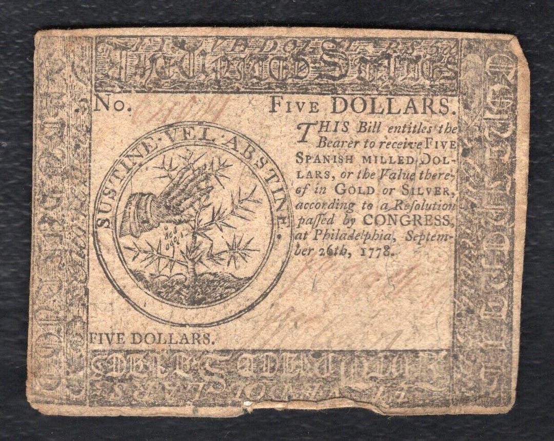 US Revolutionary War Era 1778 5 Dollar Continental Currency Note Money ...