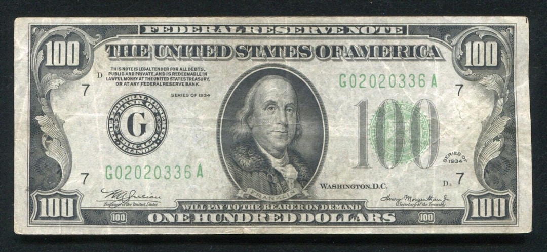1934 US 100 Dollar Federal Reserve Note Vintage Currency Money W ...
