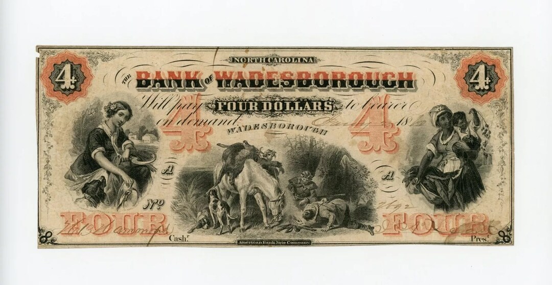 Civil War Era 1860 4 Dollar North Carolina Bank Note Antique Currency ...