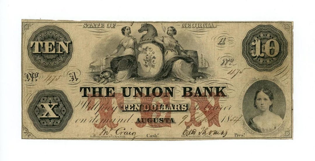 1850s 10 Dollar Georgia Bank Note Money Antique Currency - Etsy