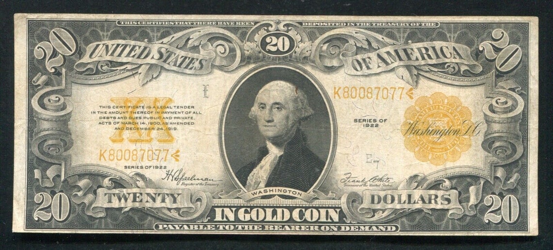 1922 US 20 Dollar Gold Certificate Note Currency Money George - Etsy