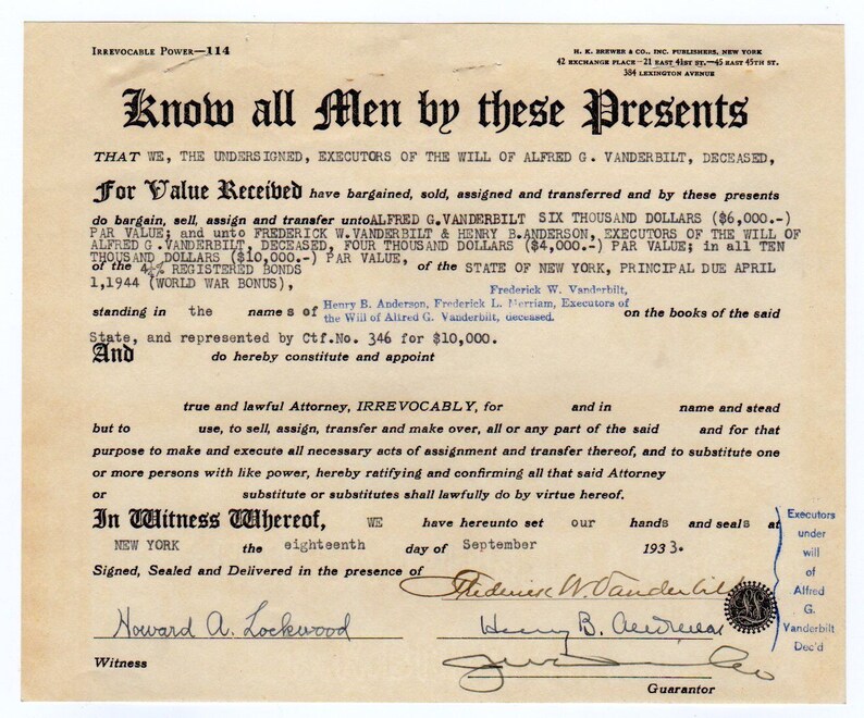 WW1 WWI New York War Bond Signed Autographed by Vanderbilt - Etsy