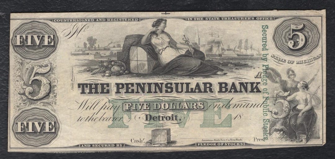 1800s Five Dollar Detroit Michigan Bank Note Money Currency - Etsy