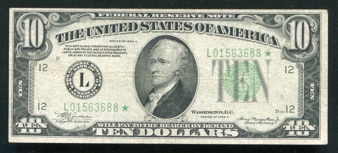 1934 US 10 Dollar Federal Reserve Note Vintage Currency W/ Alexander ...