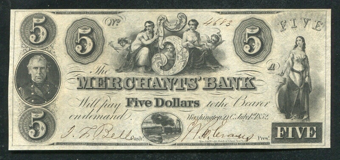 Pre Civil War 1850s Five Dollar Washington DC Bank Note Antique ...