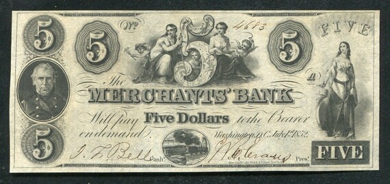 Pre Civil War 1850s Five Dollar Washington DC Bank Note - Etsy