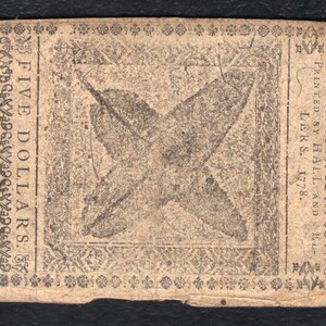 US Revolutionary War Era 1778 5 Dollar Continental Currency Note Money ...
