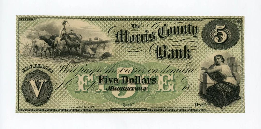 1830s-60s Five Dollar New Jersey Bank Note Bill Antique Currency Money ...