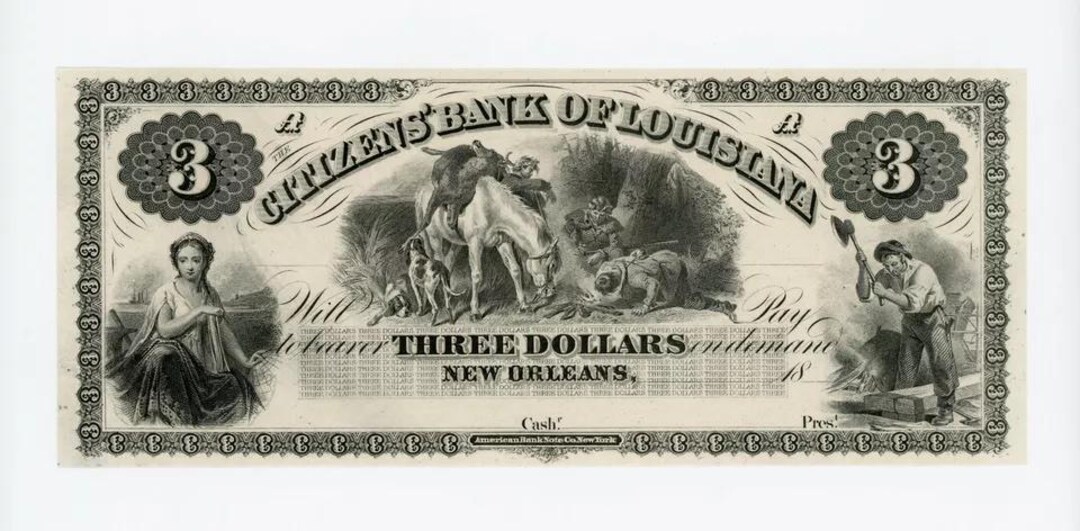 1800s 3 Dollar New Orleans Louisiana Bank Note Antique Currency Money ...