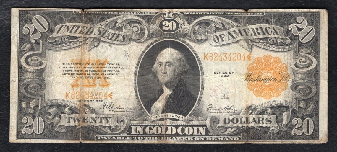 1922 US 20 Dollar Gold Certificate Note Currency Money W/ George ...