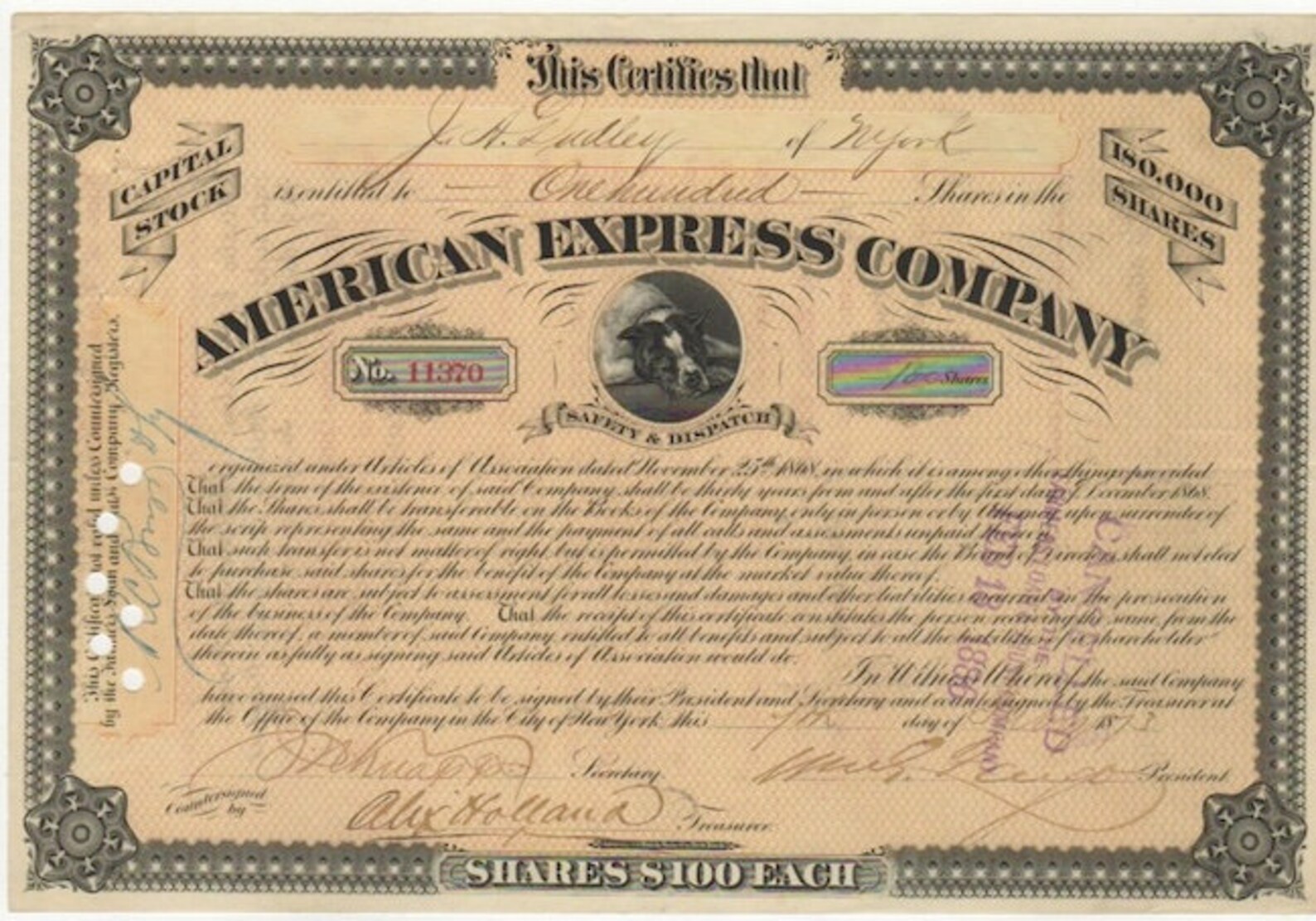 Antique 1873 American Express Company Stock Certificate Signed - Etsy