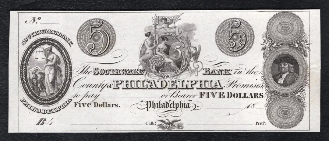1800s Five Dollar Philadelphia Pennsylvania Bank Note Money Currency - Etsy