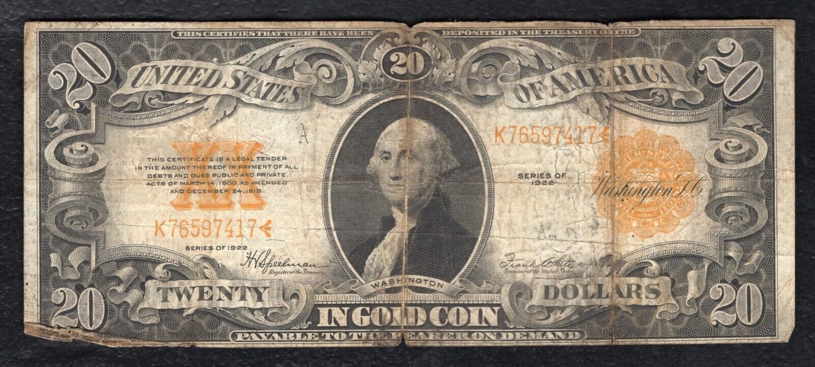 1922 US 20 Dollar Gold Certificate Note Currency Money W/ - Etsy