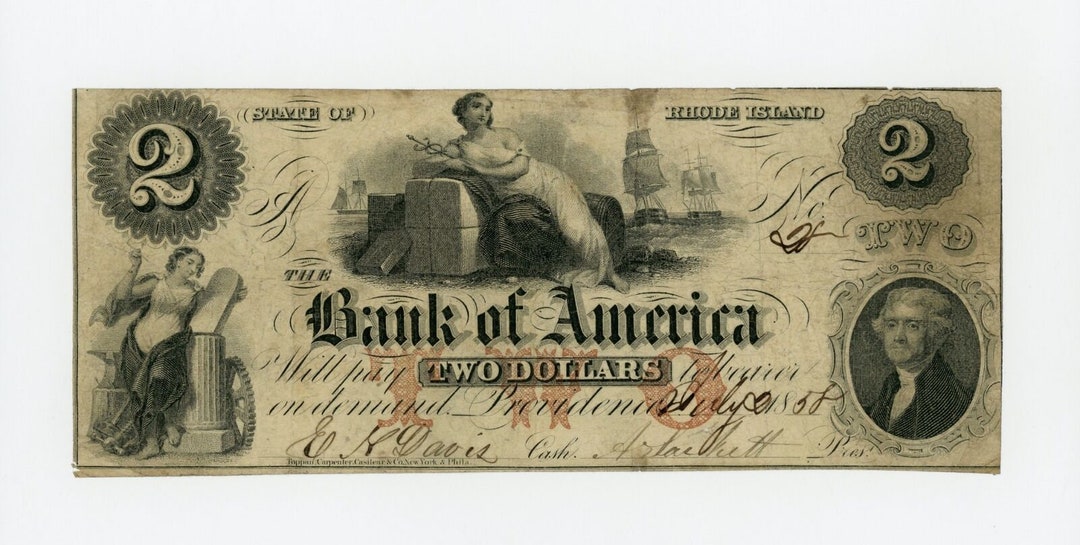 1850s 2 Dollar Rhode Island Bank Note Bill Antique Currency Money ...