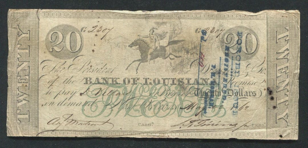 Civil War 1862 20 Dollar New Orleans Louisiana Bank Note Currency Money ...