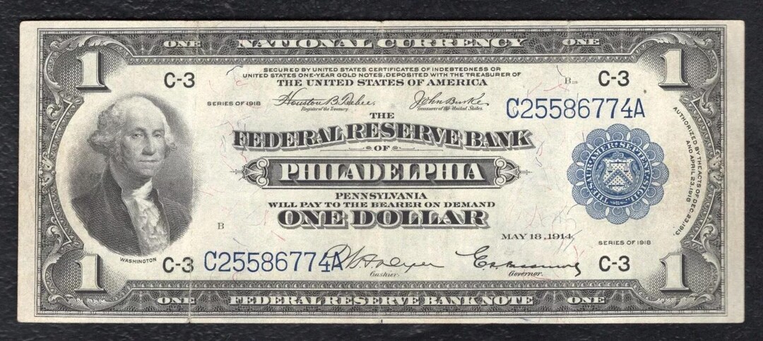 WW1 WWI 1918 US One Dollar Federal Reserve Bank Note Money Currency W ...