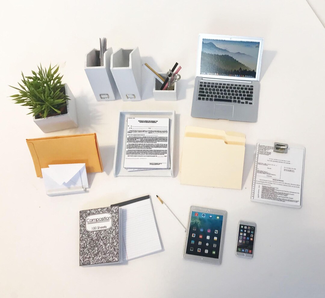 Scaled Office Miniature Desk Decor Modern Dollhouse Office Diorama 1:6 ...