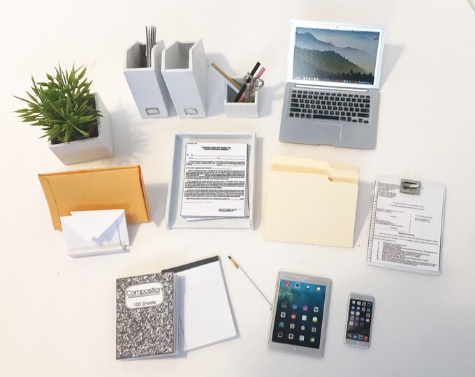 Scaled Office Miniature Desk Decor Modern Dollhouse Office Diorama 1:6 ...