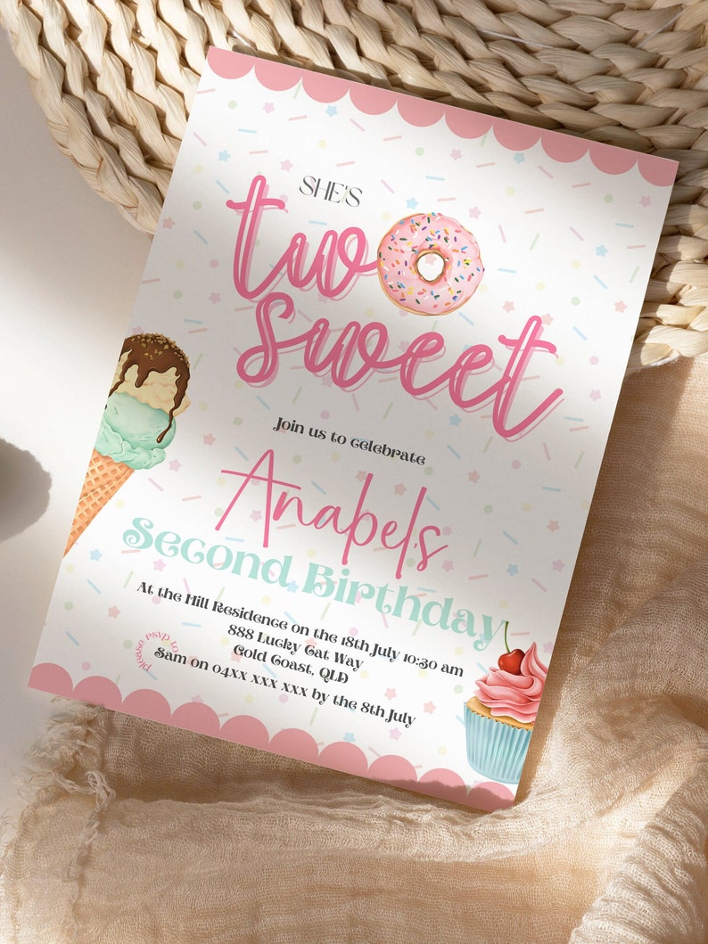 Two Sweet Birthday Invitation Printable Template Girl 2nd - Etsy