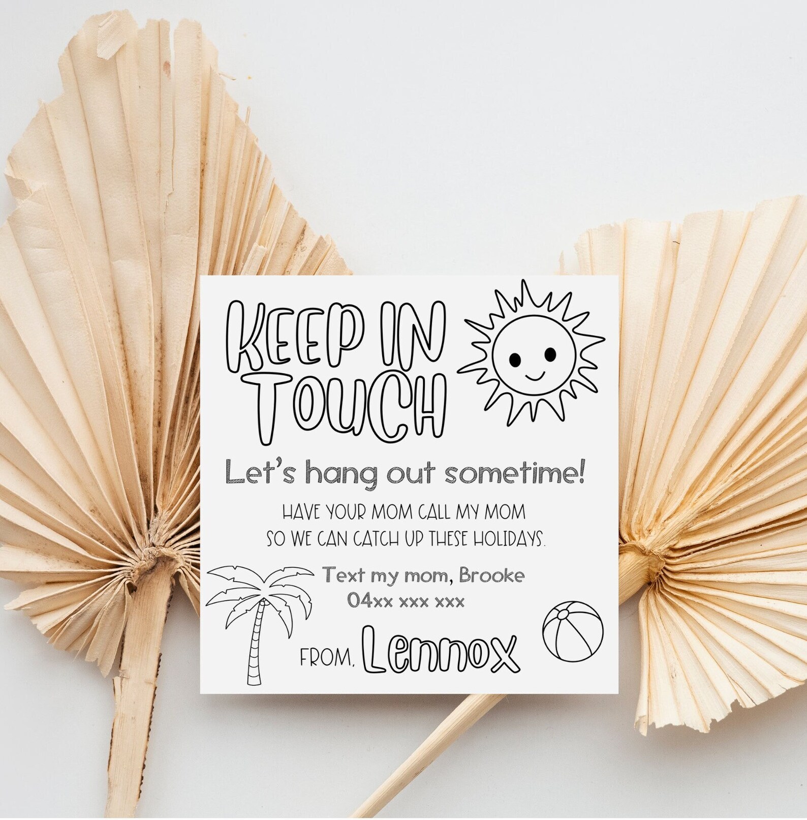 Printable Kids Coloring Playdate Cards Keep in Touch Summer Contact ...