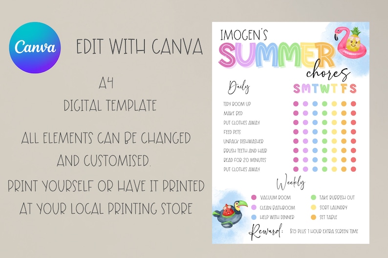 Kids Printable Summer Chore Chart DIY Editable Kids to Do List Chore ...