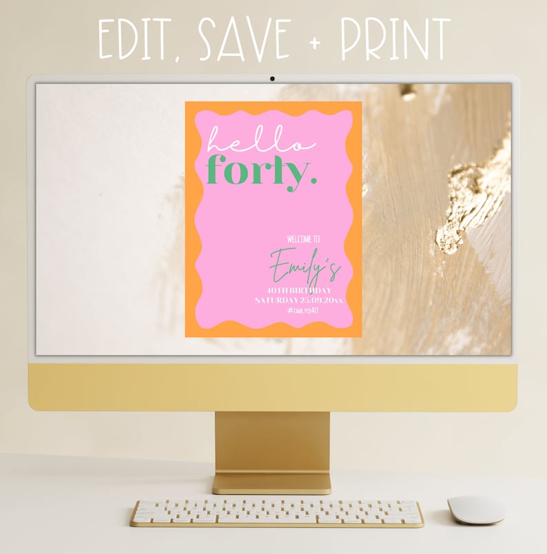 Wavy Hello Forty Birthday Sign Printable 40th Birthday Party Decor 40th ...