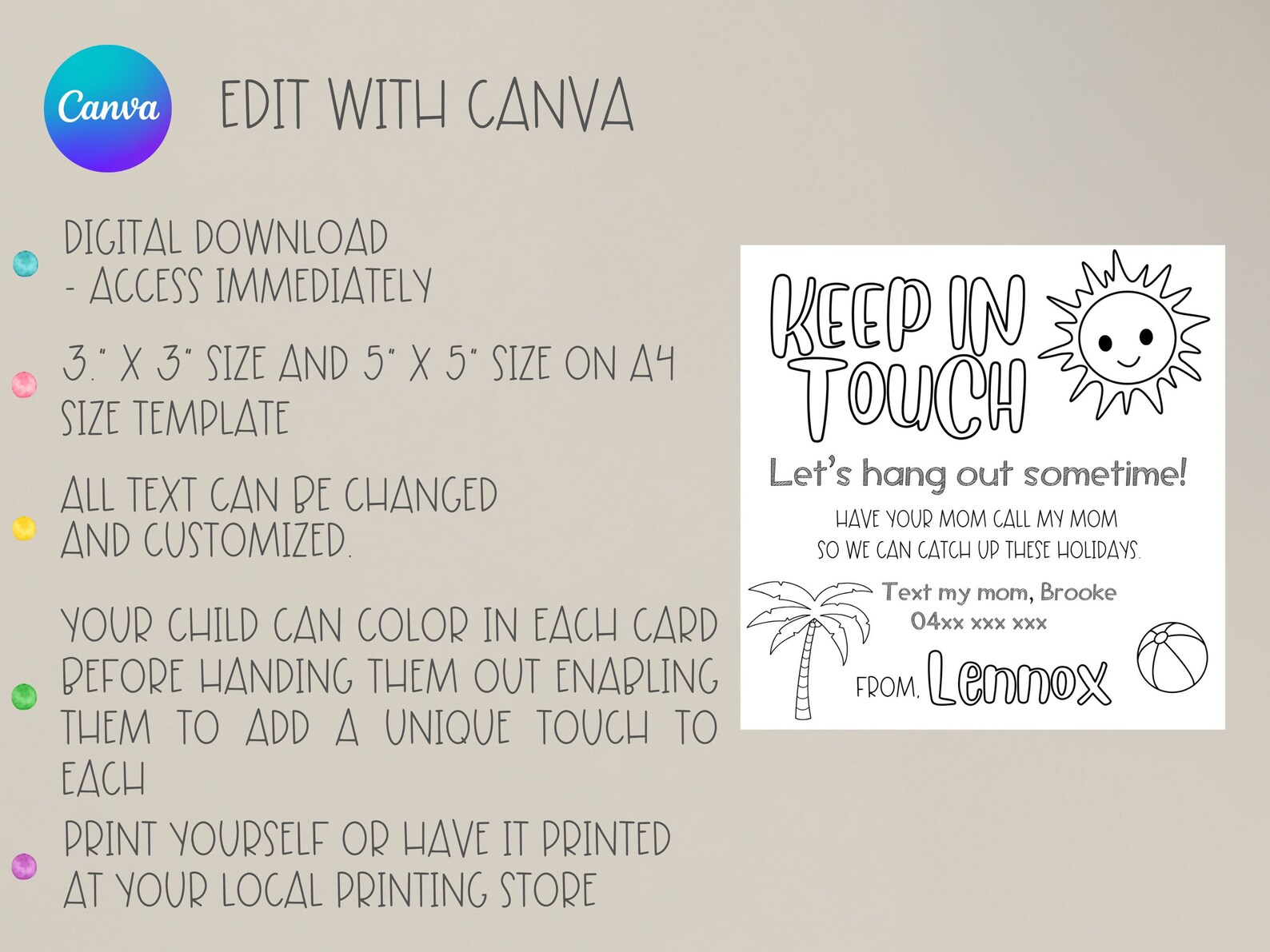 Printable Kids Coloring Playdate Cards Keep in Touch Summer Contact ...