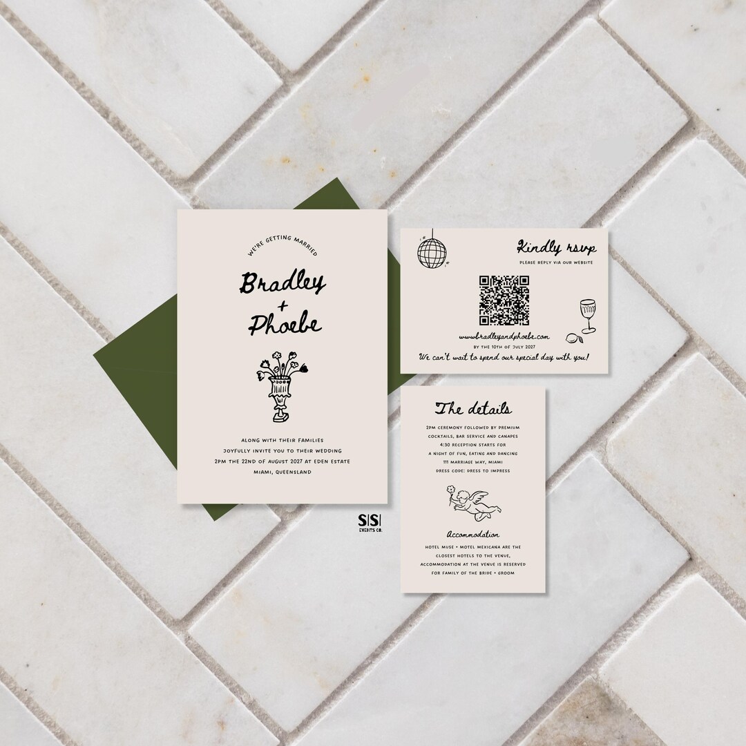 Handwritten Wedding Invitation Template Fun Floral Illustrated Scribble ...