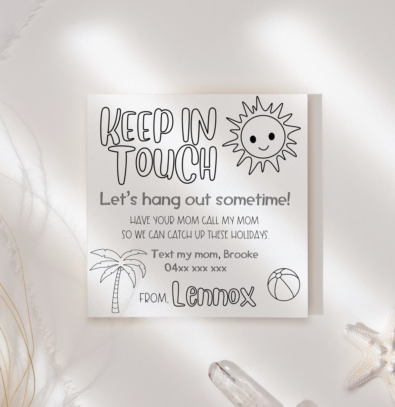 Printable Kids Coloring Playdate Cards Keep in Touch Summer Contact ...
