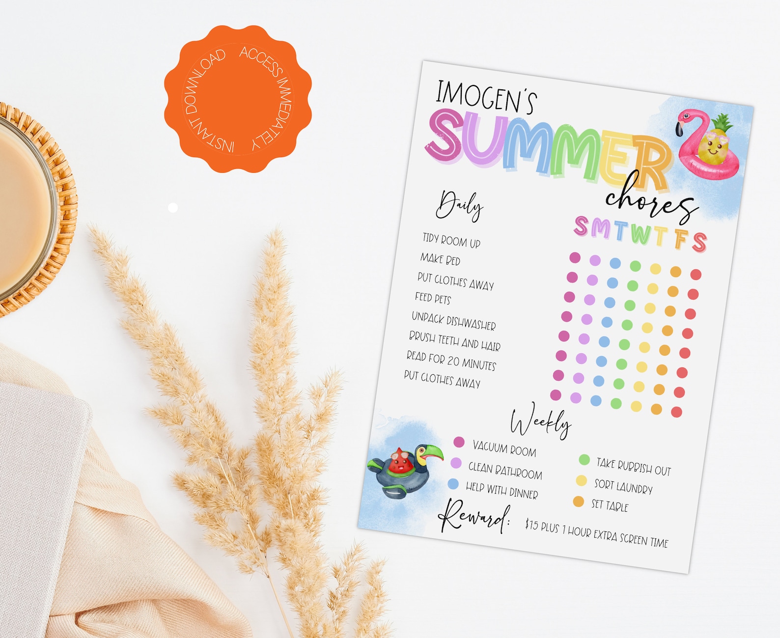 Kids Printable Summer Chore Chart DIY Editable Kids to Do List Chore ...