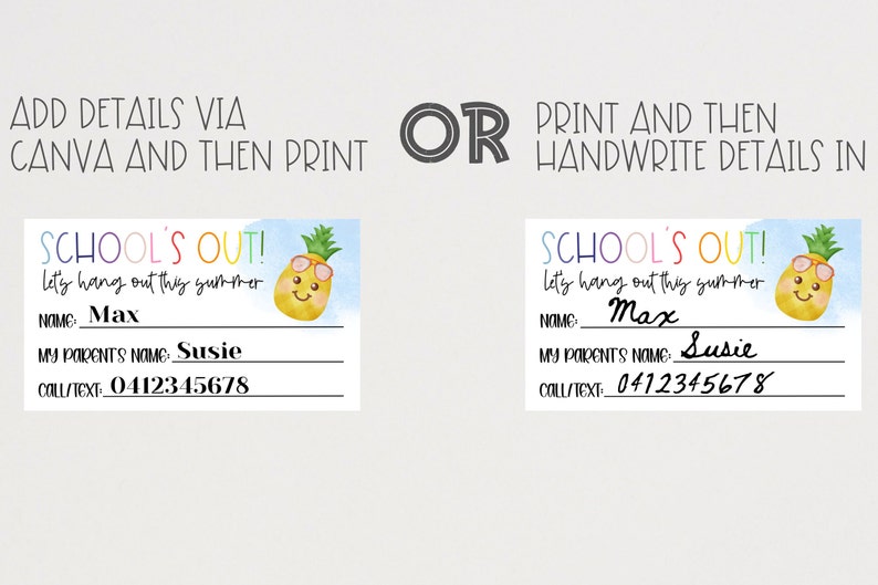 Printable Student Playdate Cards Kids Summer Contact Card End of School ...