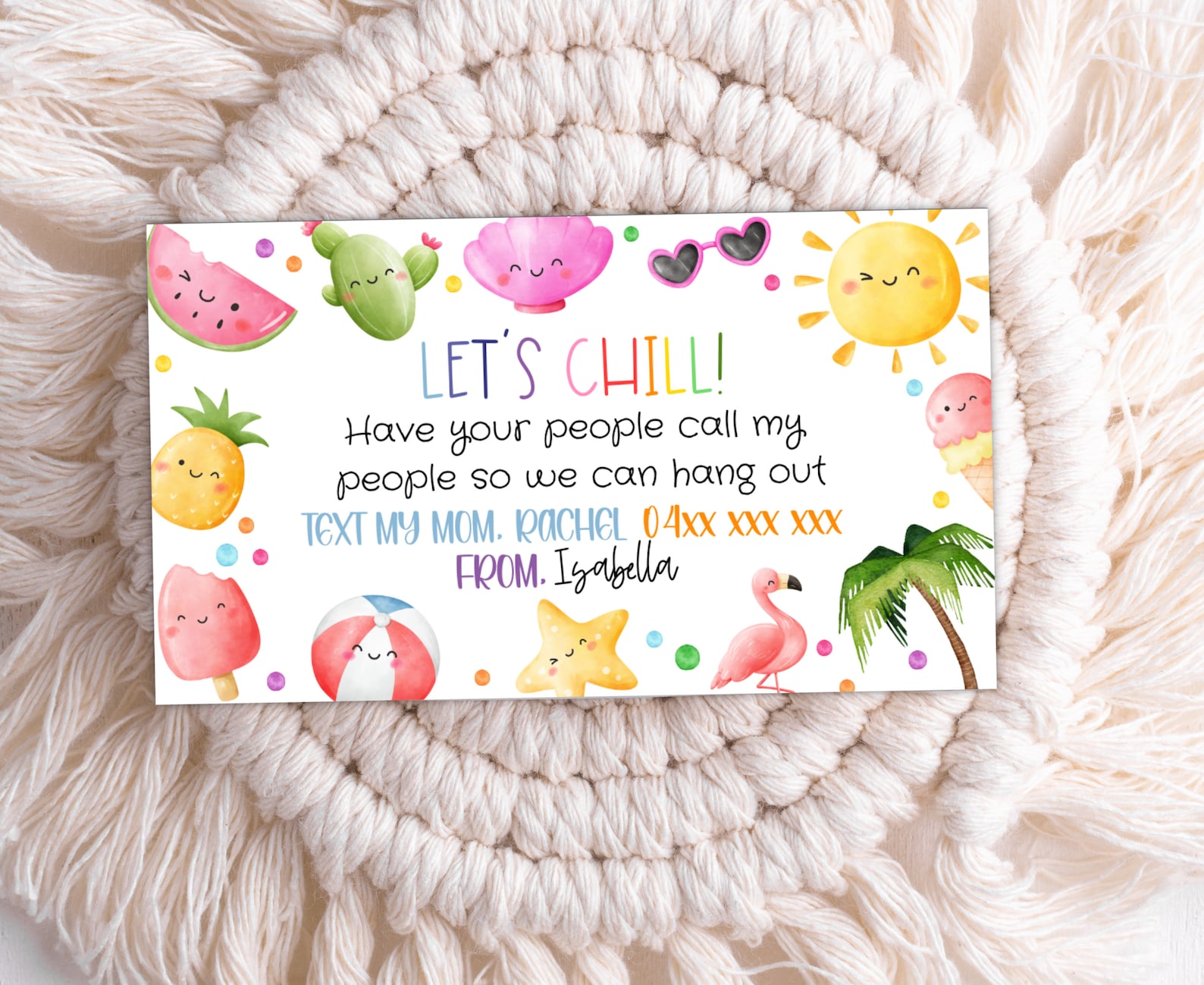 Kids Playdate Contact Card Printable Summer Play Date Card Kids Calling ...