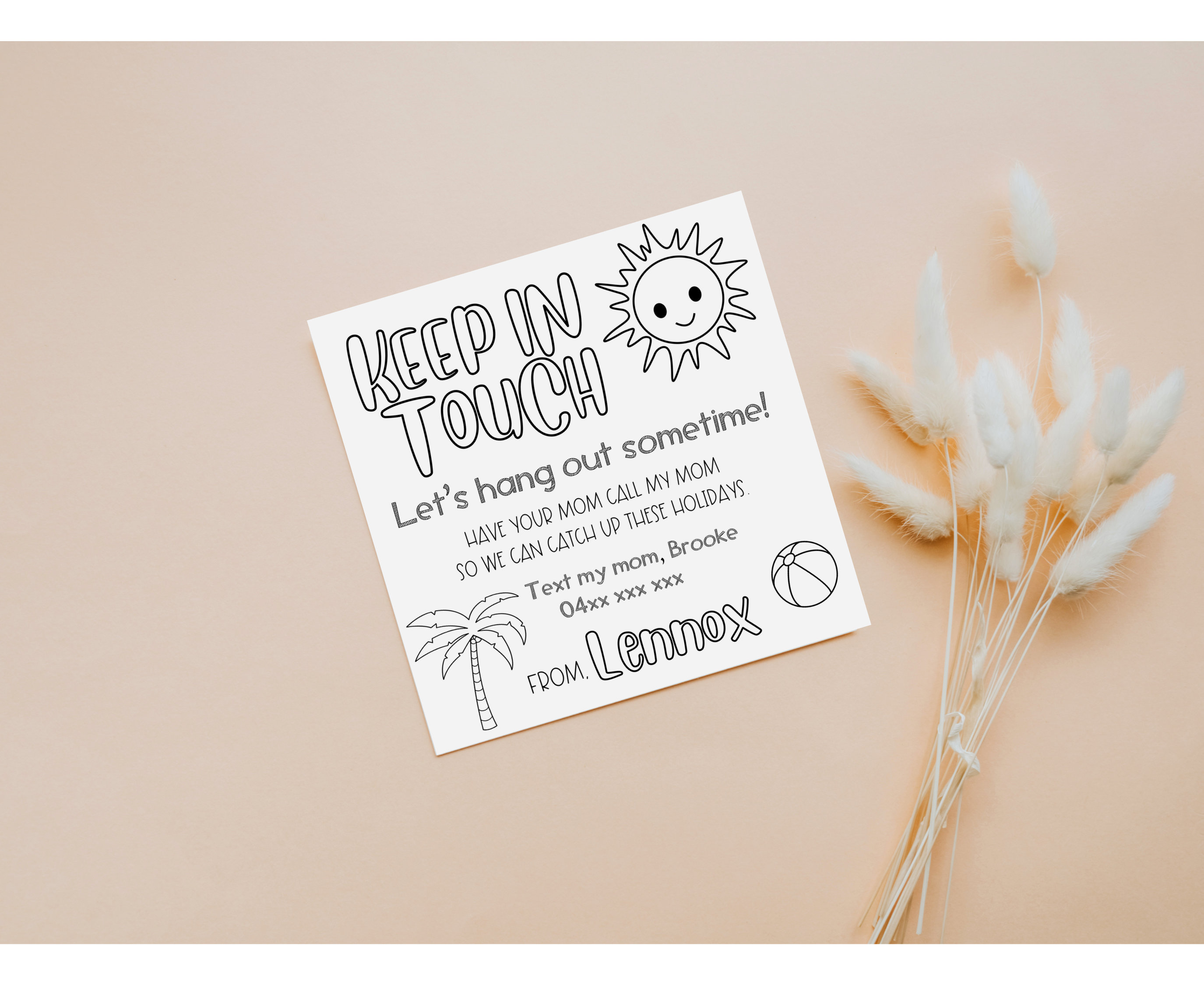 Printable Kids Coloring Playdate Cards Keep in Touch Summer Contact ...