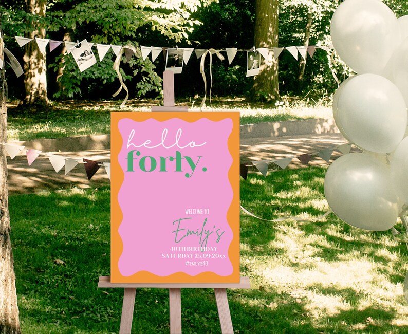 Wavy Hello Forty Birthday Sign Printable 40th Birthday Party Decor 40th ...