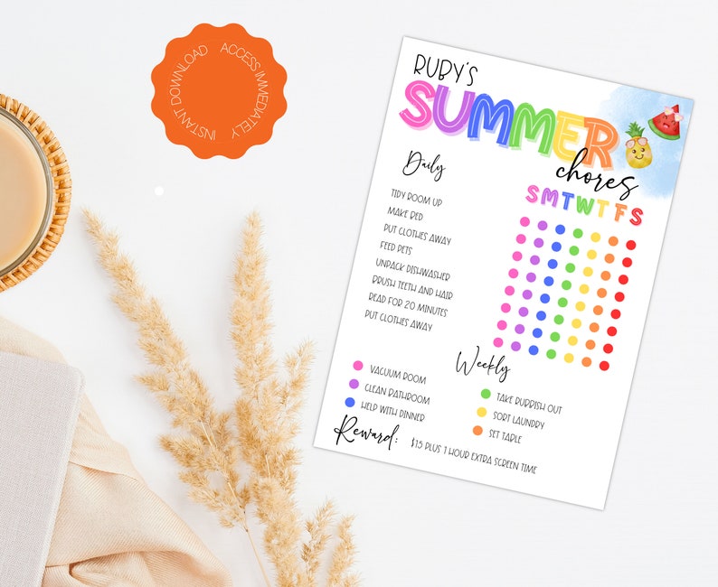 Summer Chore Chart for Kids Responsibility Chart Kids Chores List ...