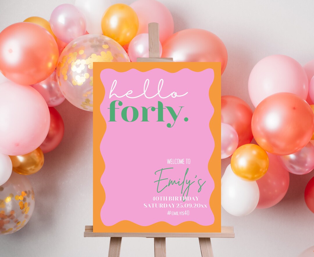 Wavy Hello Forty Birthday Sign Printable 40th Birthday Party Decor 40th ...