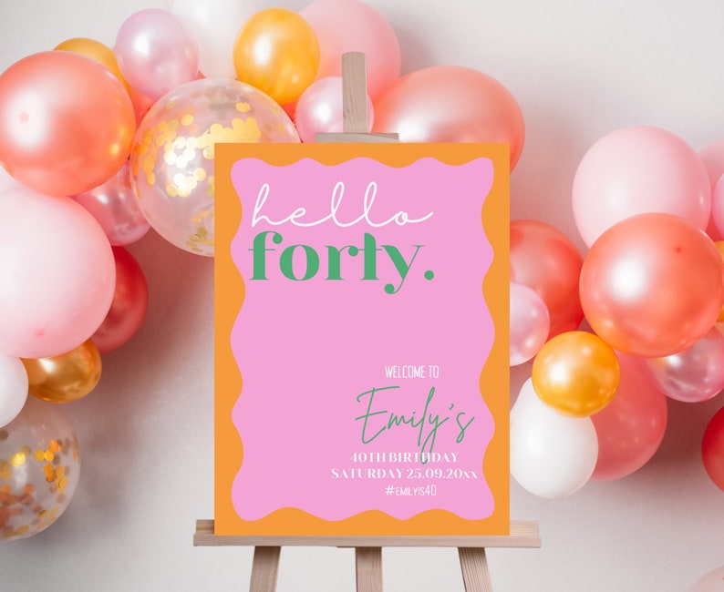 Wavy Hello Forty Birthday Sign Printable 40th Birthday Party Decor 40th ...