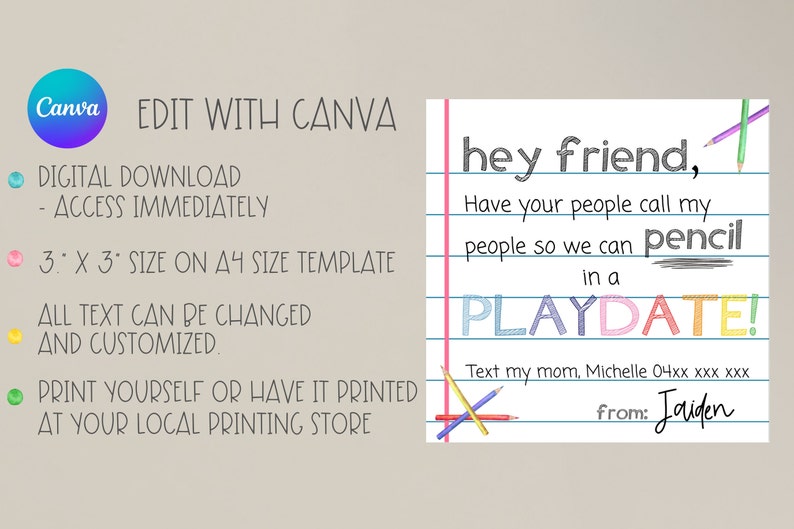 Editable Playdate Cards for Kids Summer Printables Student Gifts End of ...