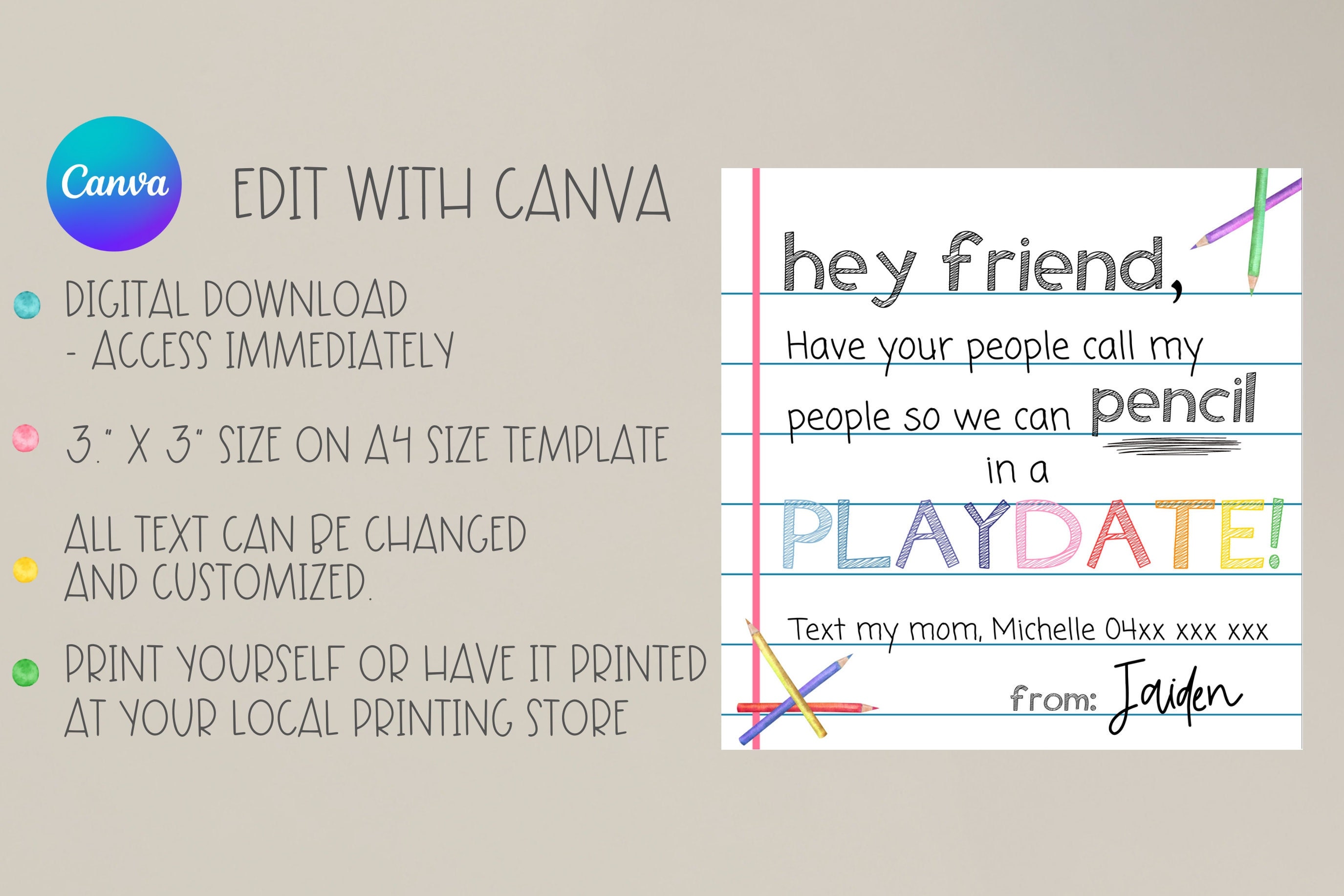 Editable Playdate Cards for Kids Summer Printables Student Gifts End of ...