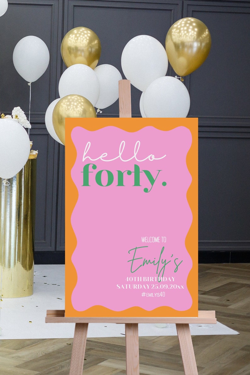 Wavy Hello Forty Birthday Sign Printable 40th Birthday Party Decor 40th ...