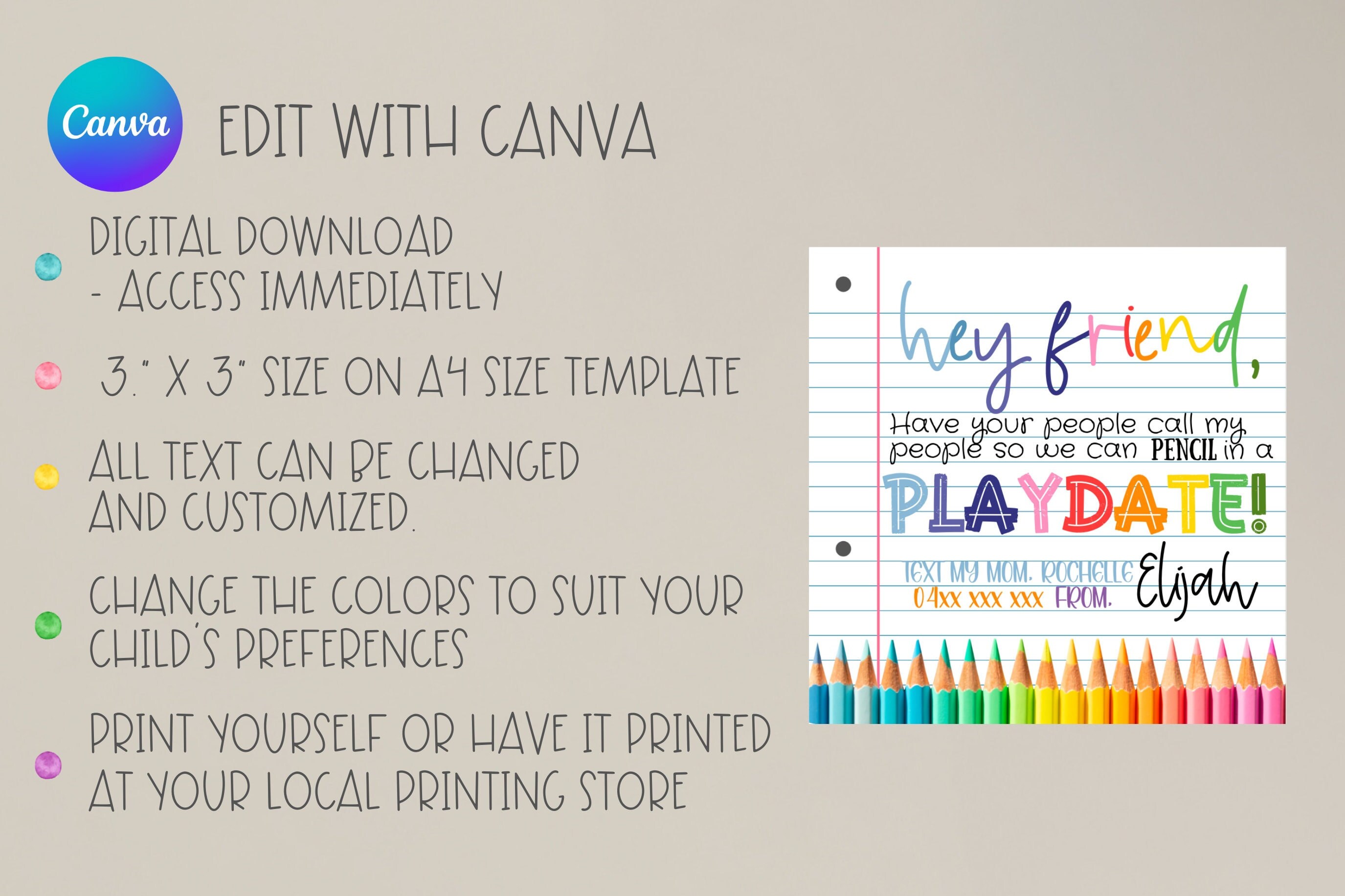 Editable Kids Playdate Cards Printable Schools Out Contact Card Keep in ...