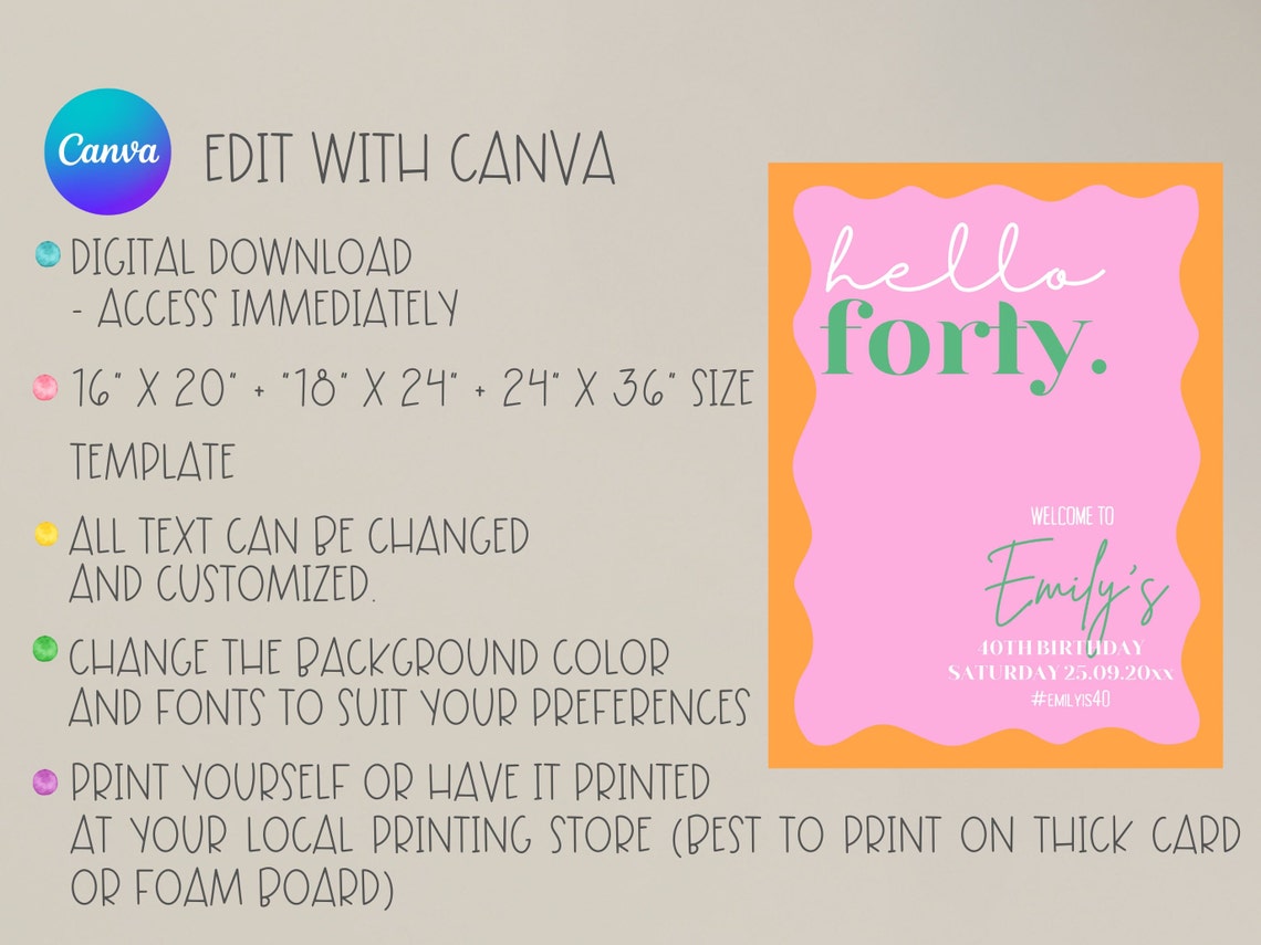 Wavy Hello Forty Birthday Sign Printable 40th Birthday Party Decor 40th ...