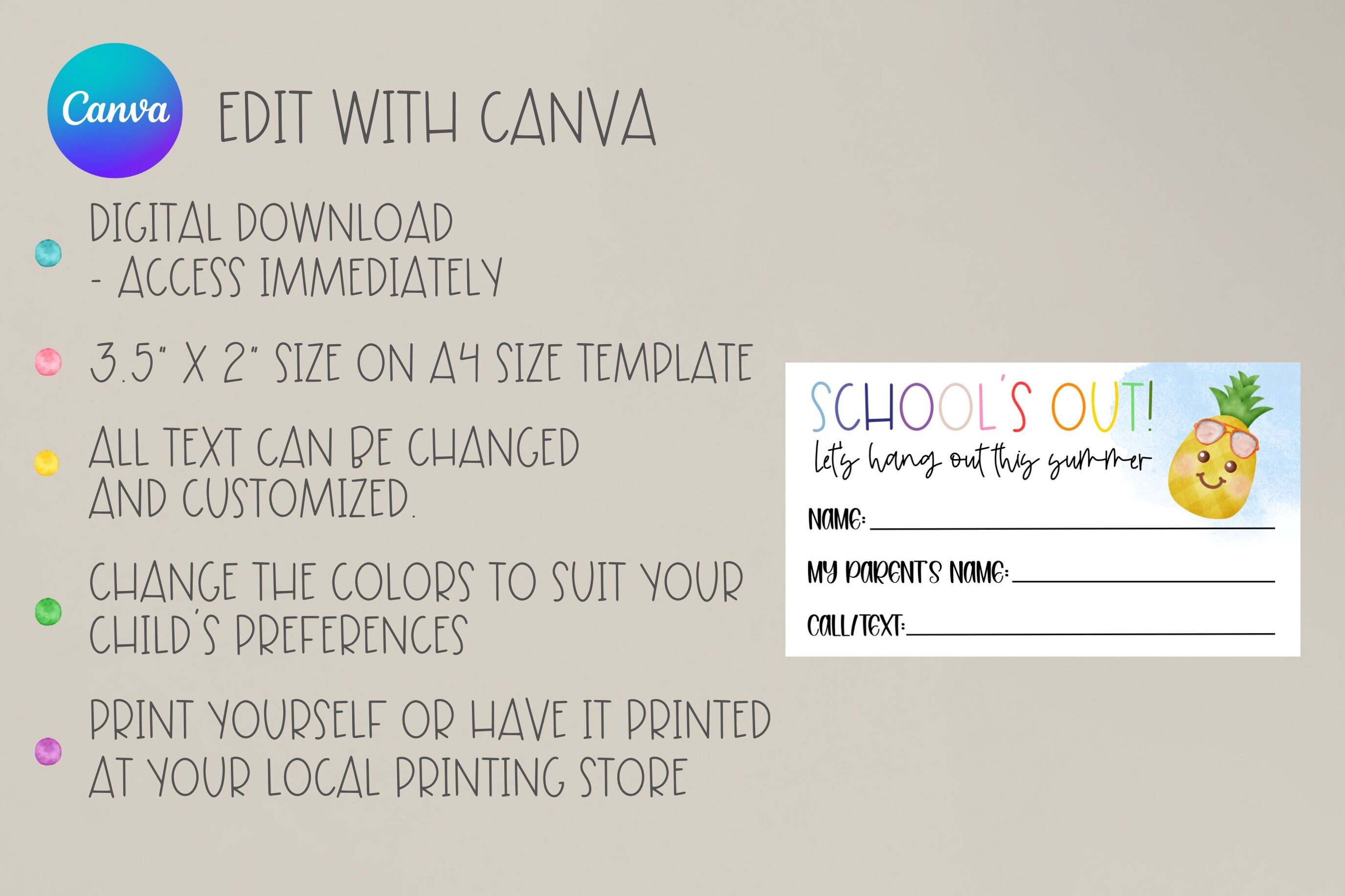 Printable Student Playdate Cards Kids Summer Contact Card End of School ...