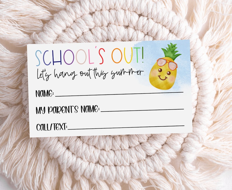 Printable Student Playdate Cards Kids Summer Contact Card End of School ...