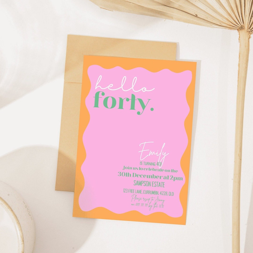 Wavy 40th Birthday Invitation Forty Pink and Orange Minimalistic Wavey ...